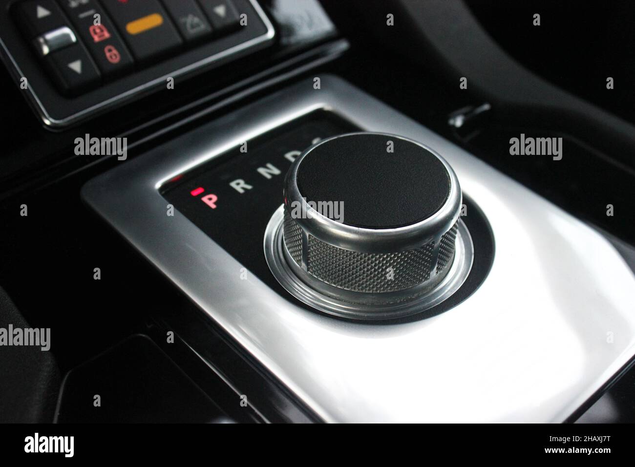 Close up of the automatic gearbox lever, blackinterior car. Automatic ...