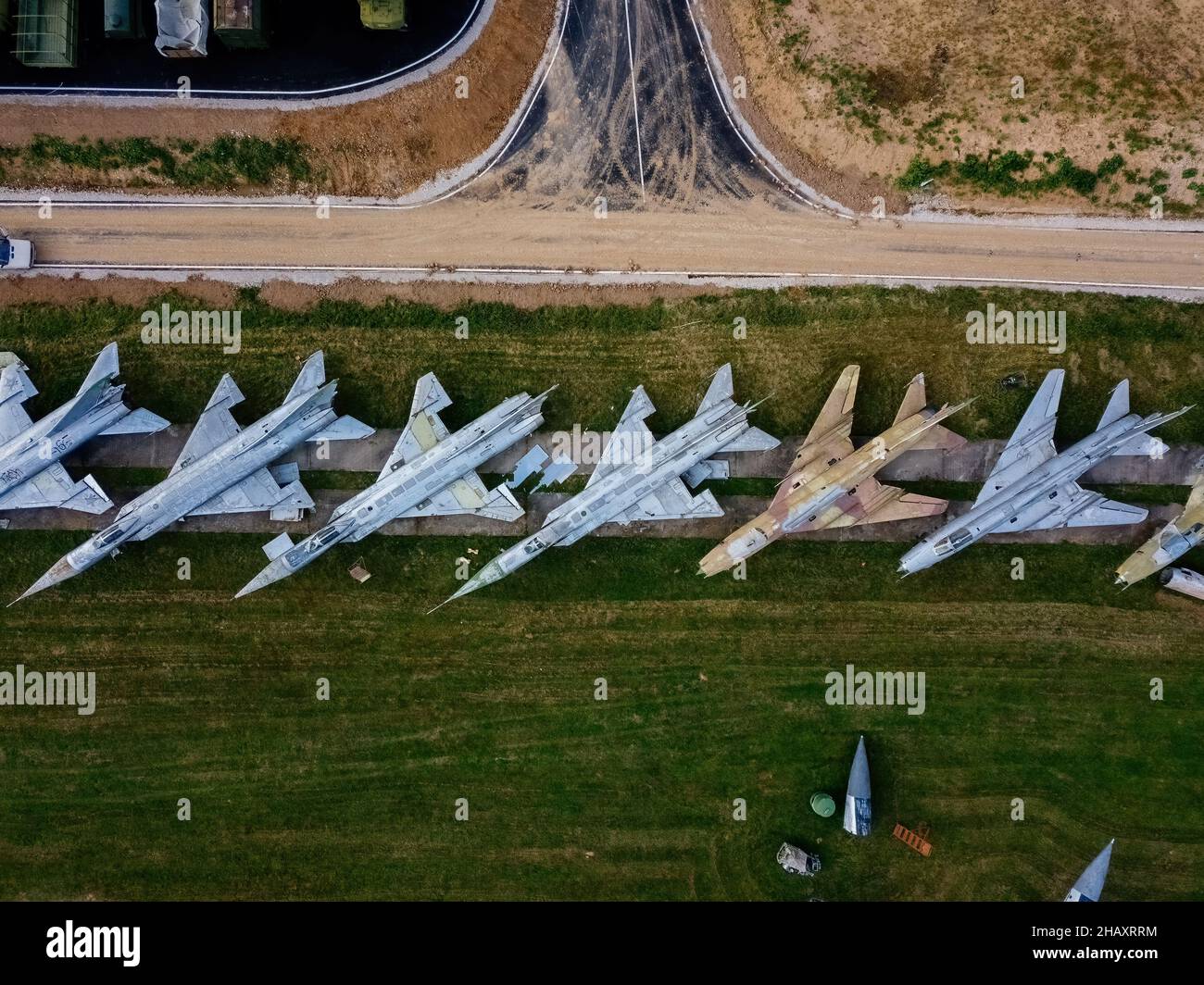 Aerial top view of military aircrafts in the airfield Stock Photo - Alamy