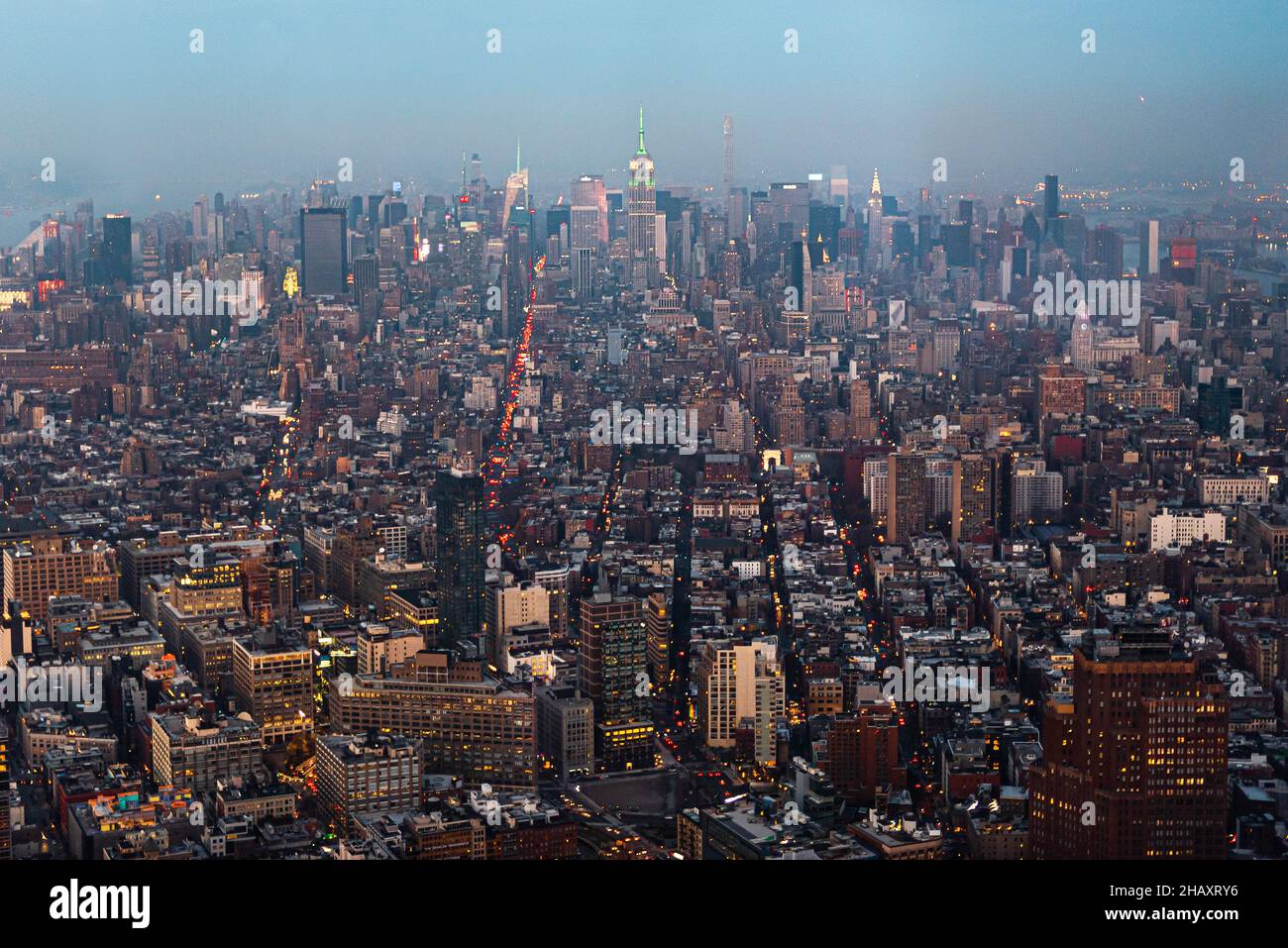View at dusk of Manhattan and Brooklyn from the observatory deck of One ...