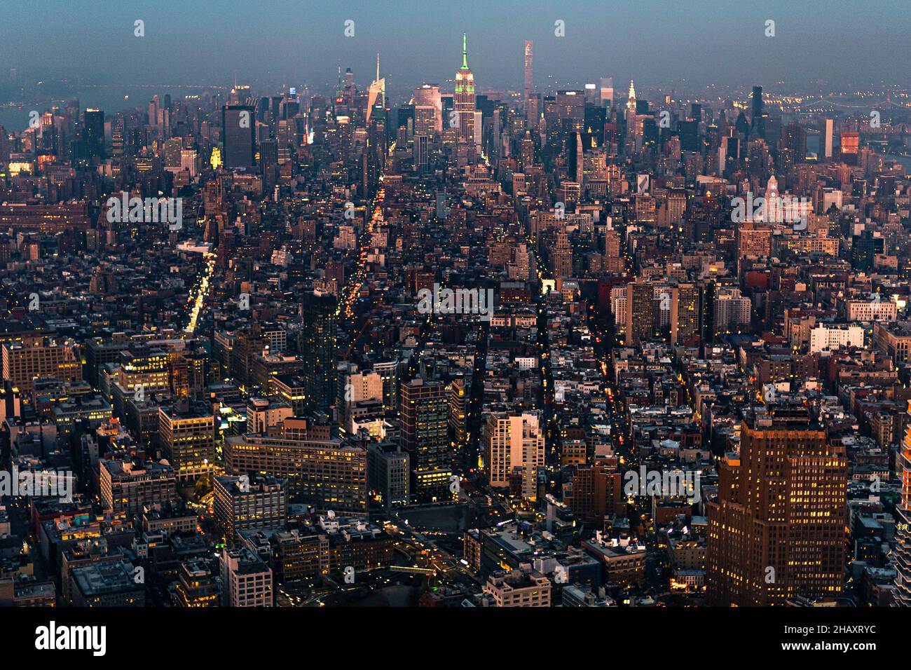 View at dusk of Manhattan and Brooklyn from the observatory deck of One ...