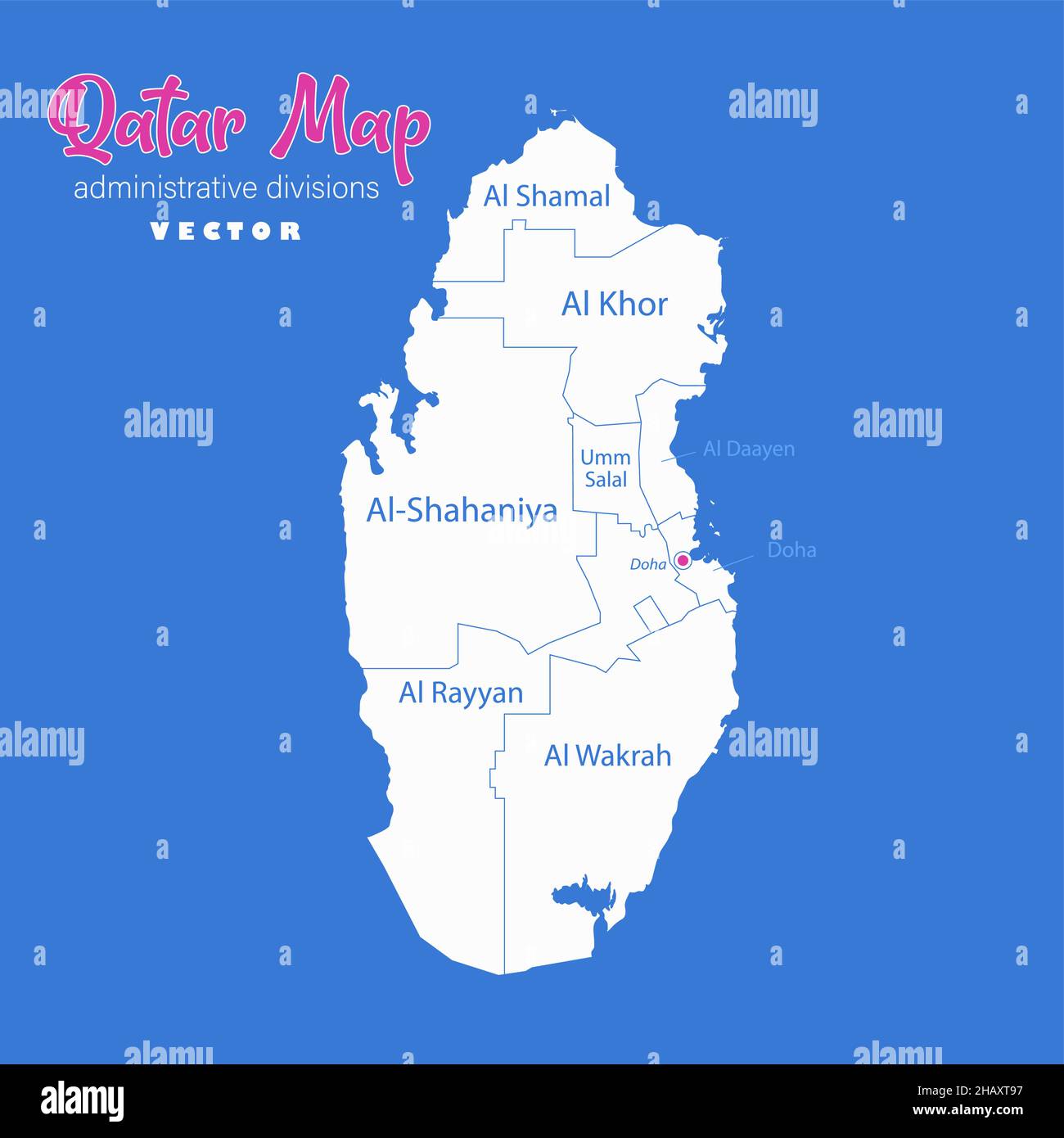 Qatar map, administrative divisions whit names regions, blue background vector Stock Vector ...