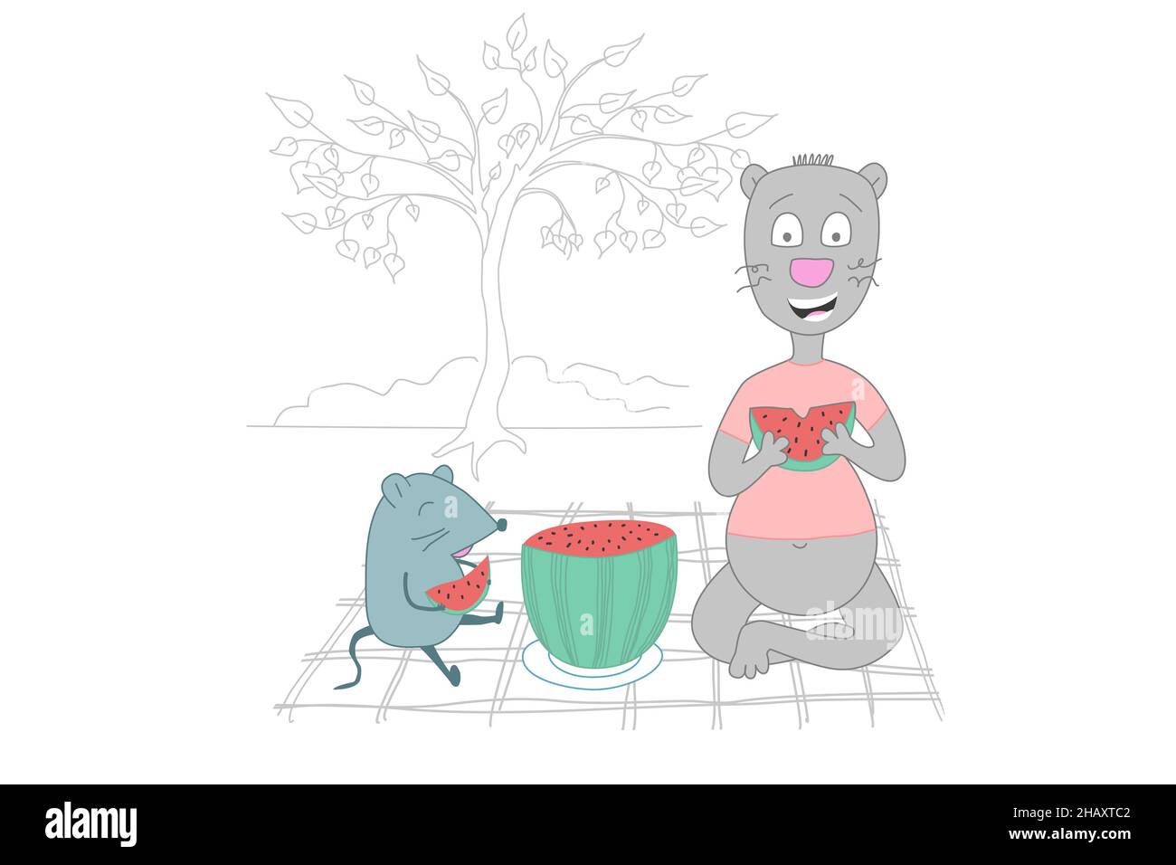 Cartoon cat and mouse eating watermelon at a picnic. Summer pastime for ...