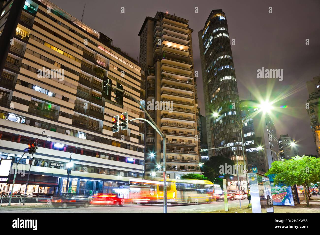 Urban scenery of the skyscrapers in streets of Sao Paolo at night ...