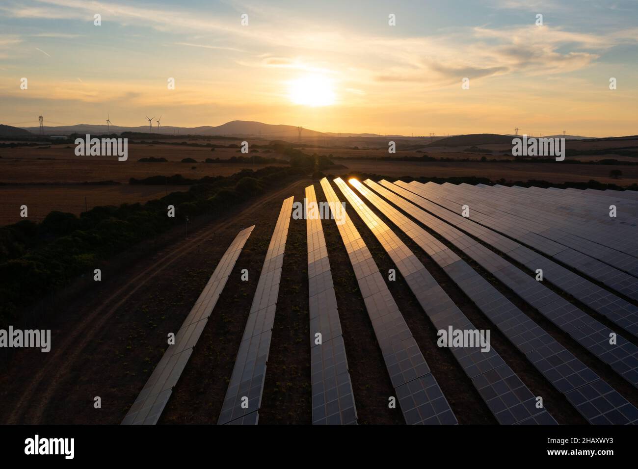 Solar panel farm under sunset sky reflecting light Stock Photo - Alamy