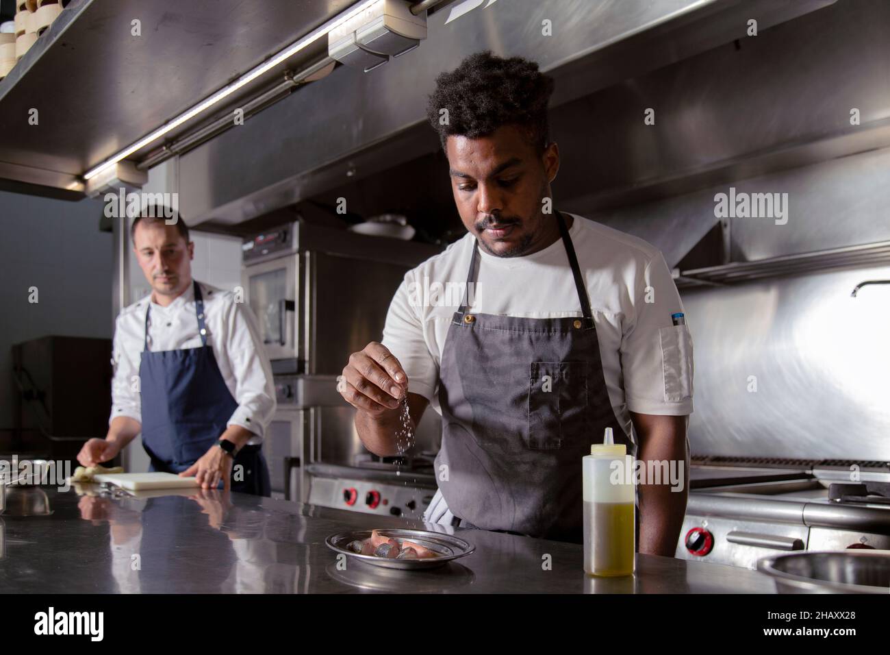 Serious African American male cook in apron adding pinch of salt to ...