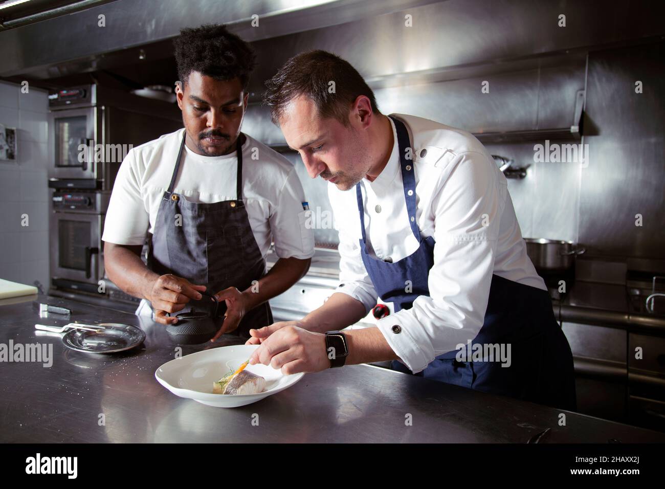 Concentrated professional multiethnic coworkers in aprons cooking ...