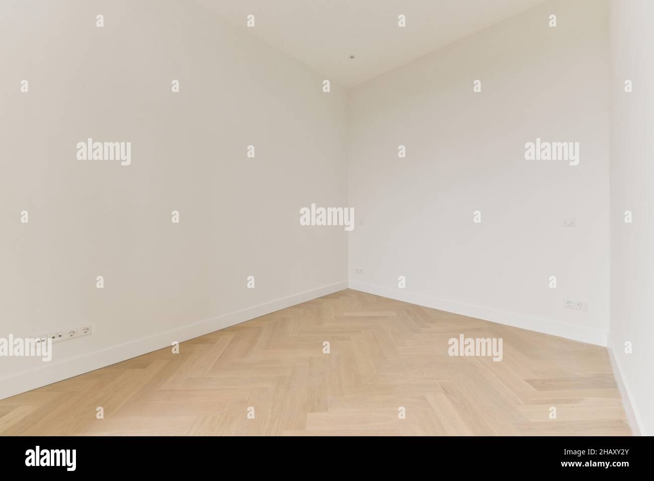 Empty rectangular shaped room with white walls and parquet floor in ...