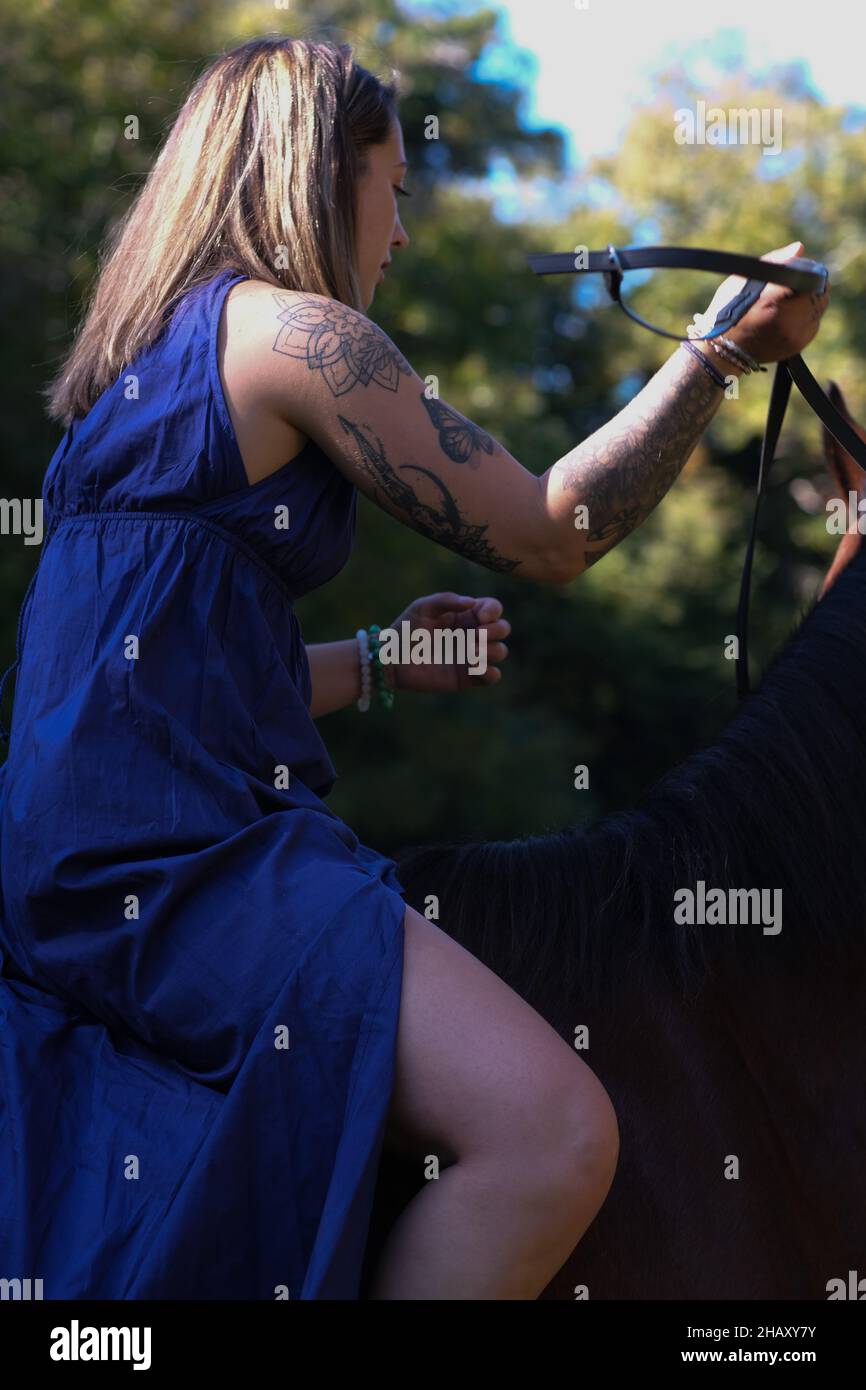 Close-up of a woman riding a horse bareback, France Stock Photo - Alamy