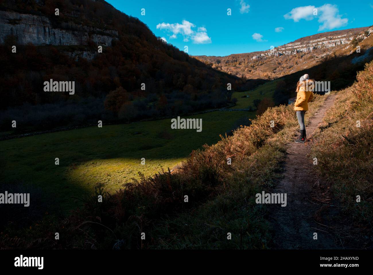Anonymous female tourist in warm clothes standing on footpath in grassy ...