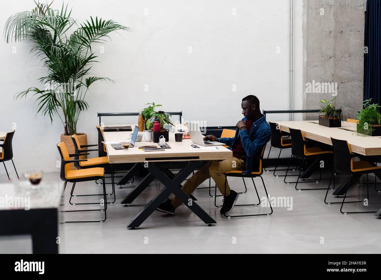 Full body side view of focused African American male manager typing on ...