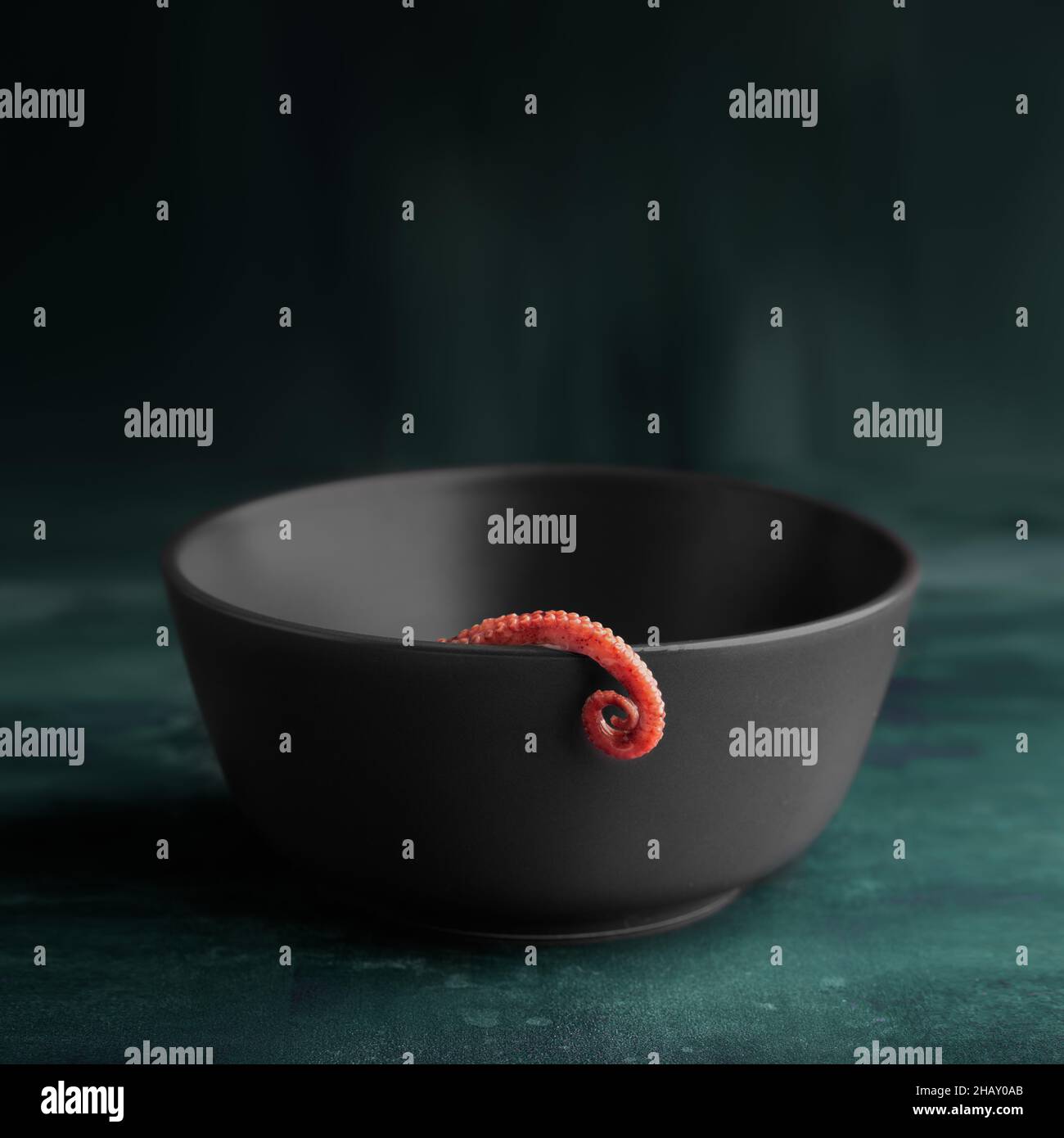 Curled octopus leg coiling out of grey bowl on plain dark background ...