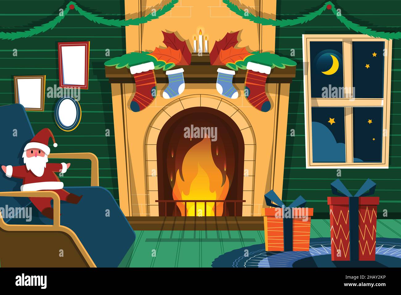 christmas fireplace scene concept hand drawn vector design illustration ...