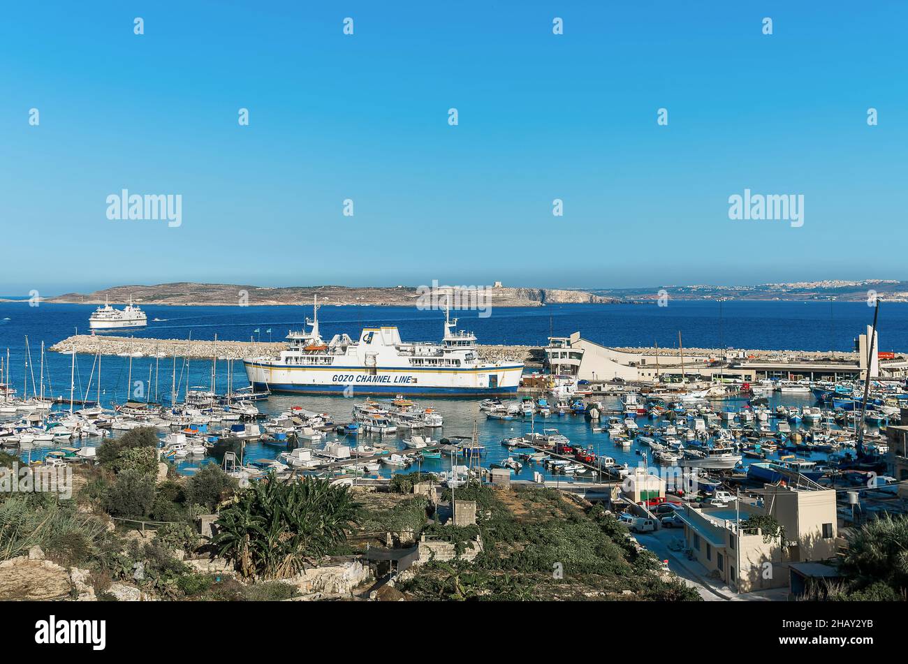 Panoramic view of Mgarr on the island of Gozo, the main harbour and the ...