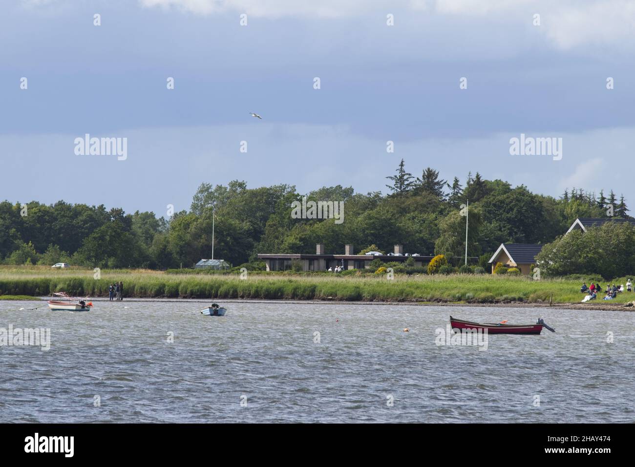 Beautiful view of a small boats in the sea with a big green land with ...