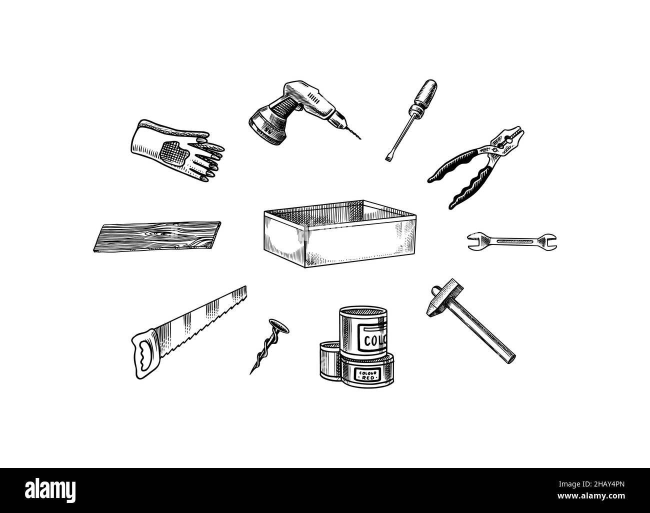 DIY icons. Hardware Shop concept. Glue, wood planks, sewing machine ...