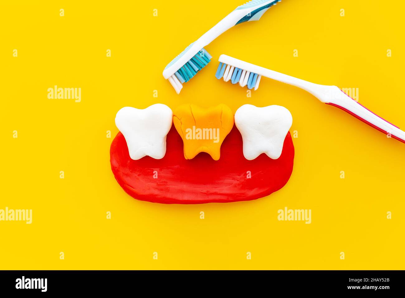Teeth models with toothbrush. Oral health and care concept Stock Photo ...