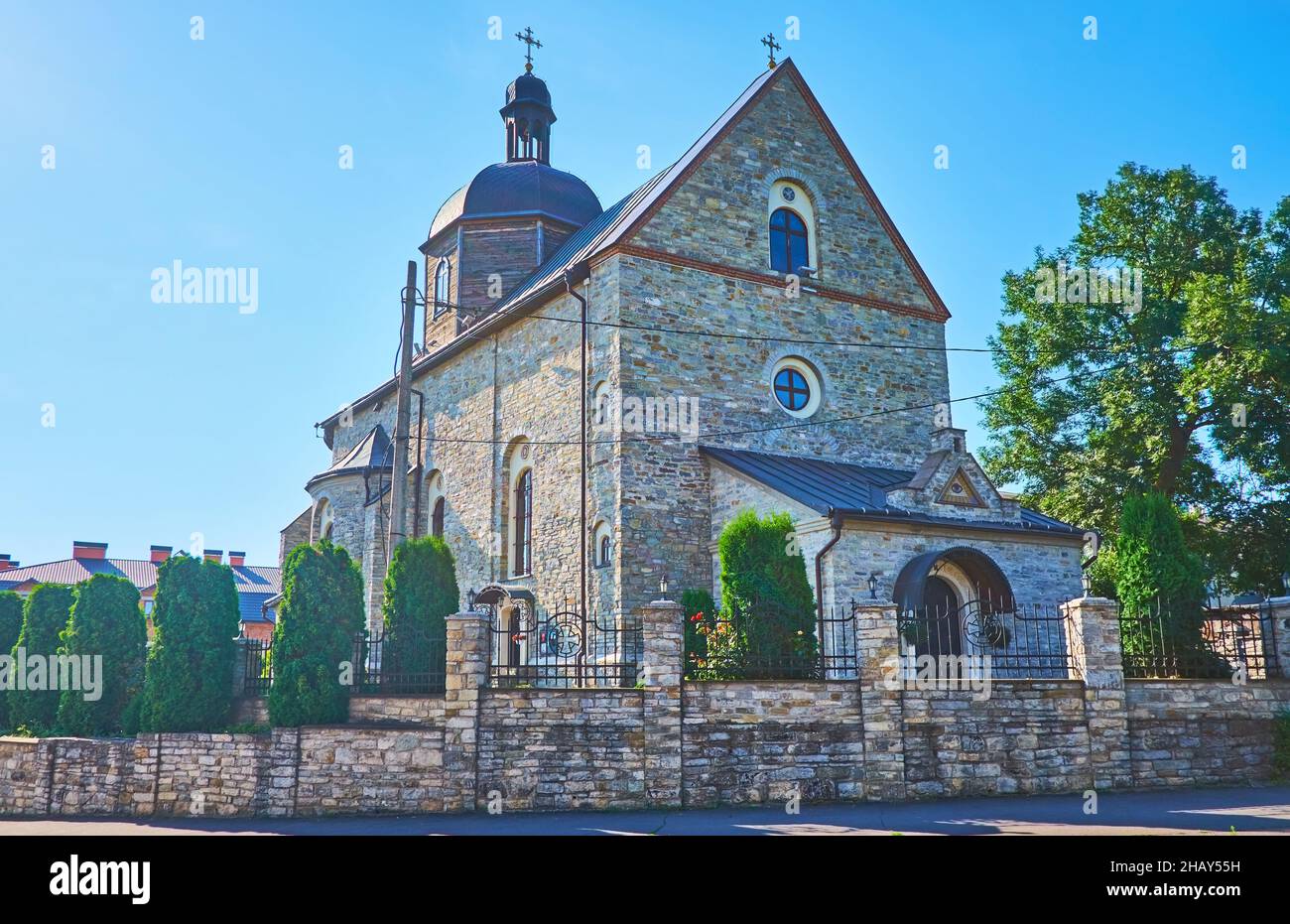 The scenic stone facade of historic Greek Catholic Holy Trinity Church ...