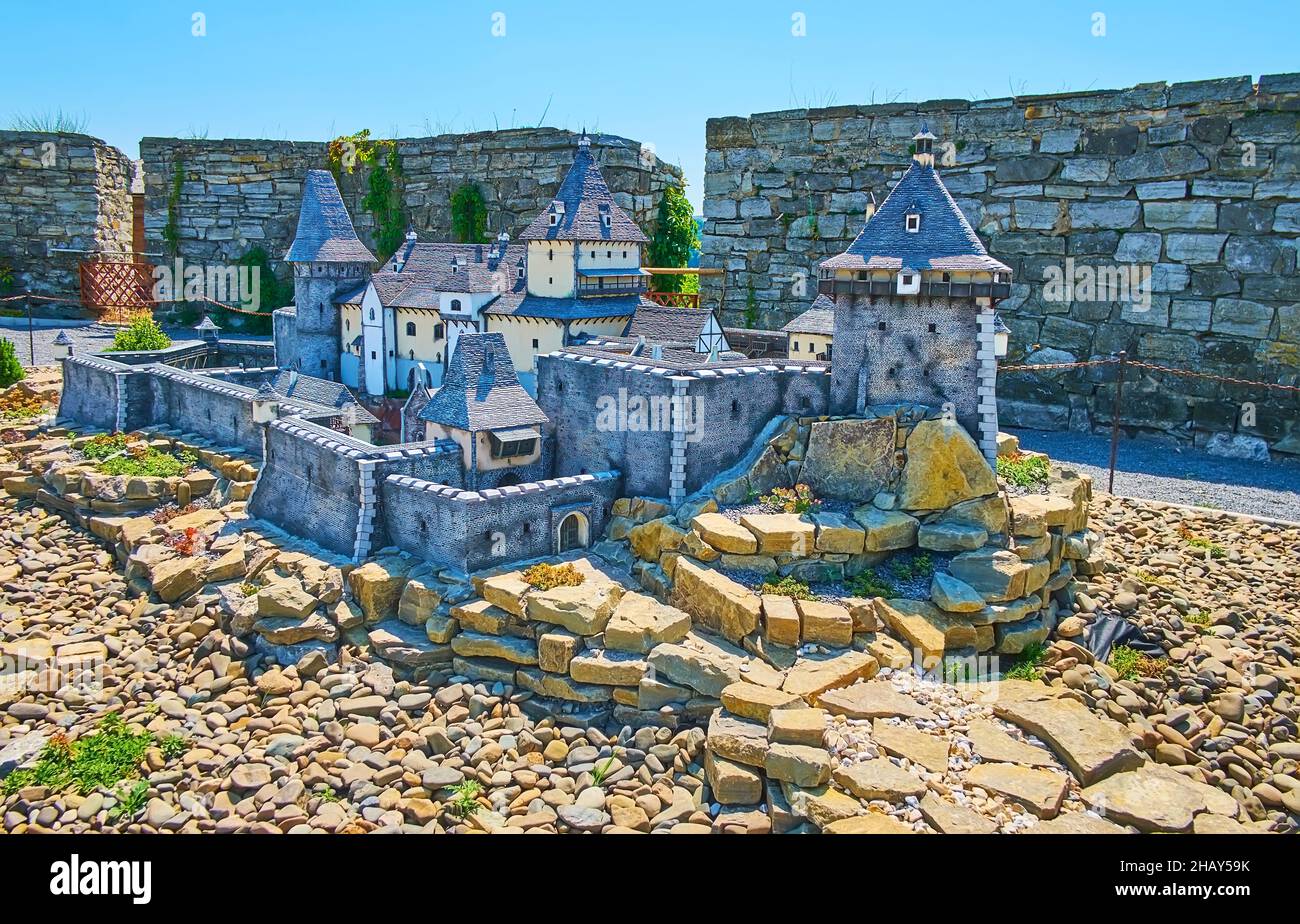The miniature reconstruction of the medieval Khust Castle in Museum of ...
