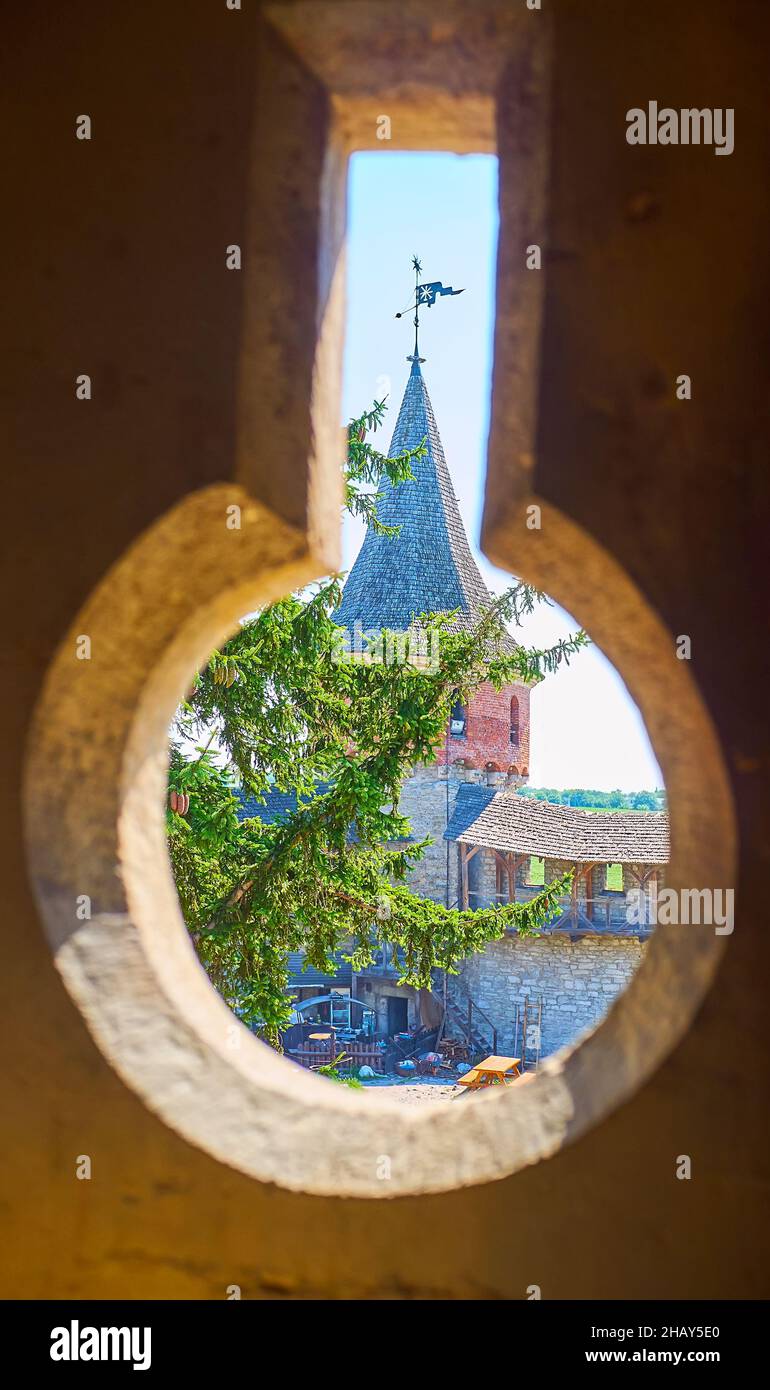 The view from the small loophole of Kamianets-Podilskyi Castle on its ...