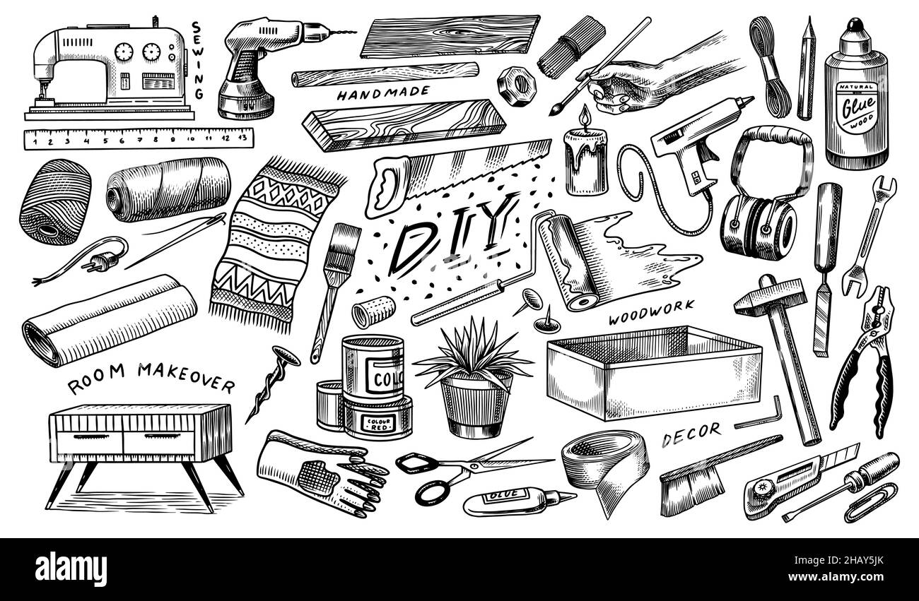 DIY icons. Hardware Shop concept. Glue, wood planks, sewing machine ...