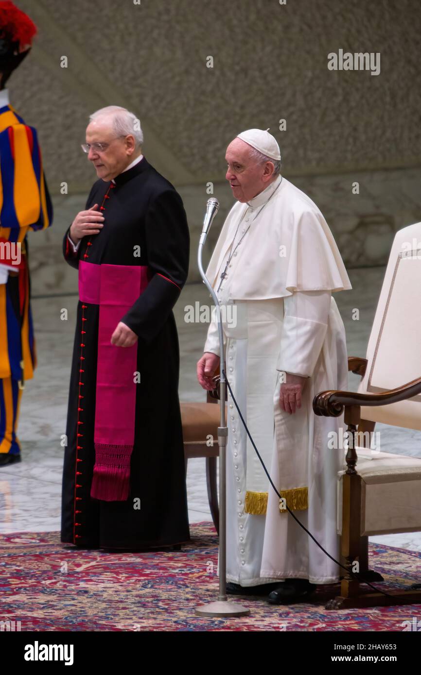 Pope Francis seen speaking during the general audience. Traditional ...