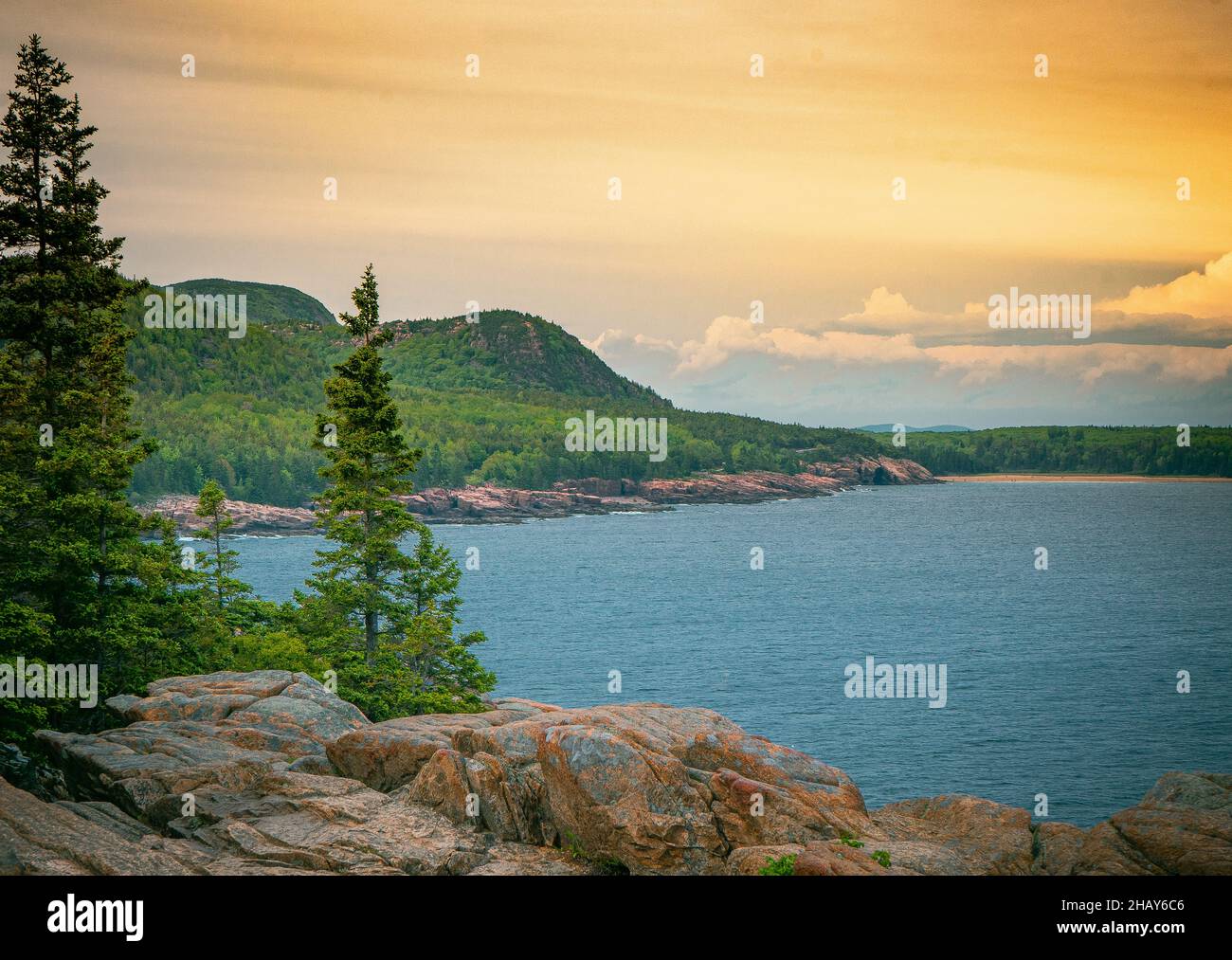 Beautiful view of a river and mountain forests at sunset in Arcadia ...