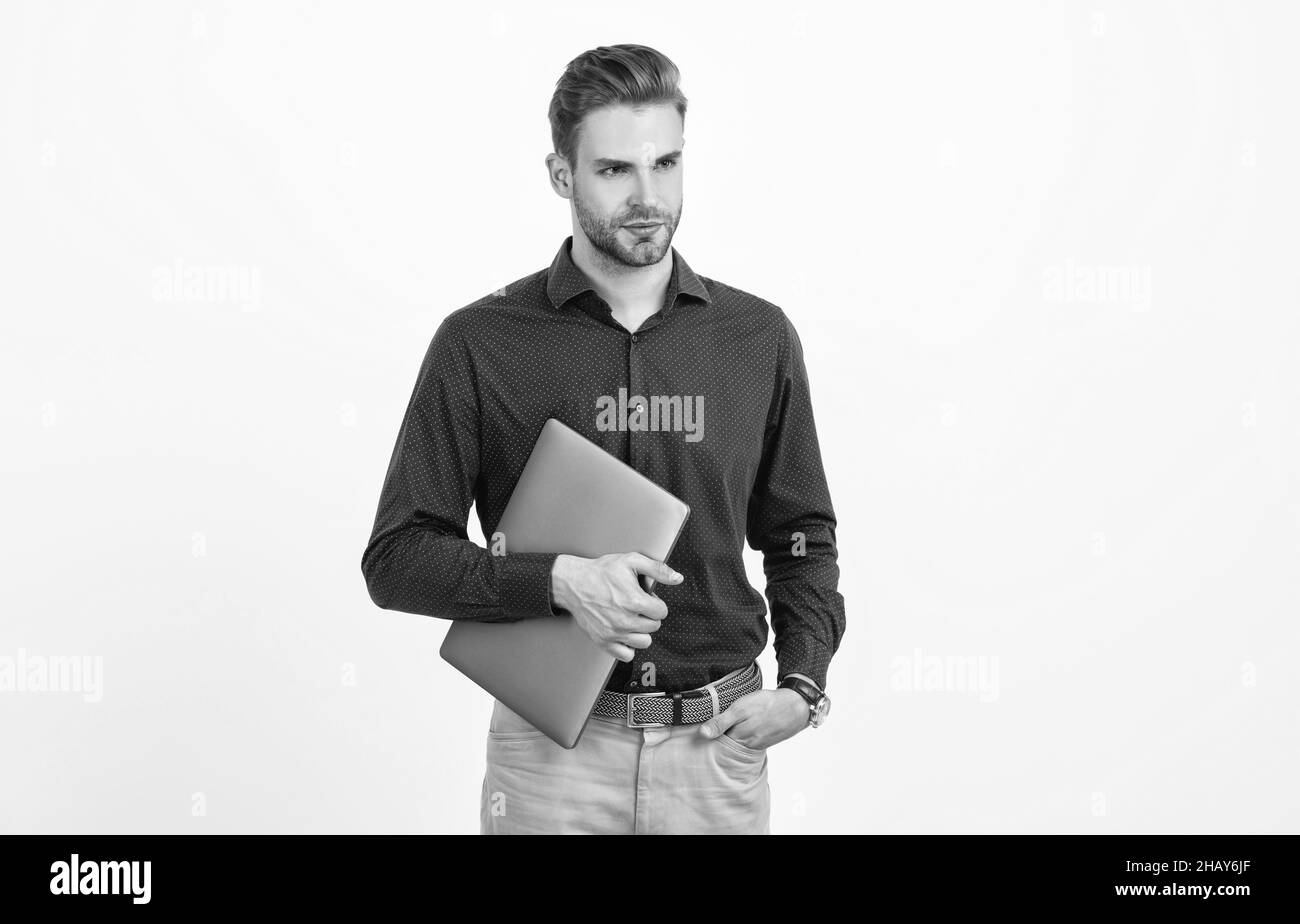 concept of agile business. unshaven man working online. modern wireless laptop. programmer use ...