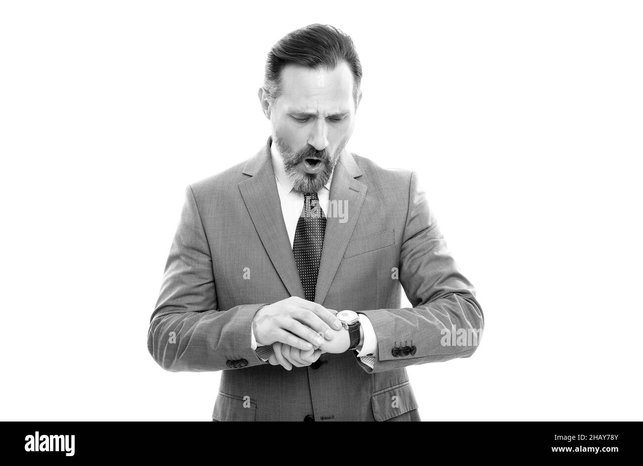 ceo man in suit checking time. shocked businessman with hand watch ...