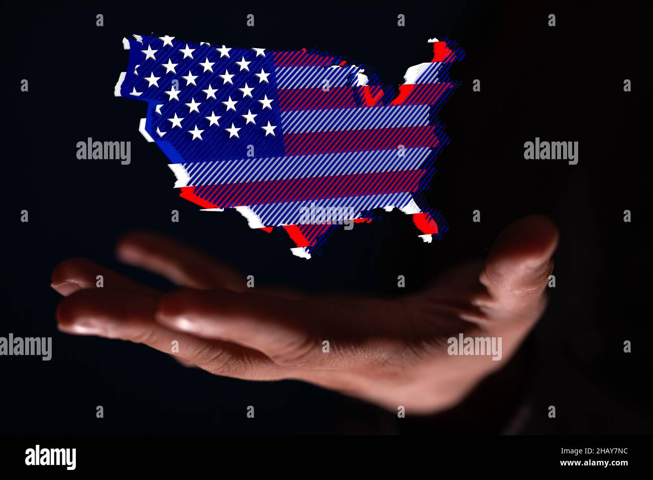 3D rendered USA map hovering on a person's hand Stock Photo - Alamy