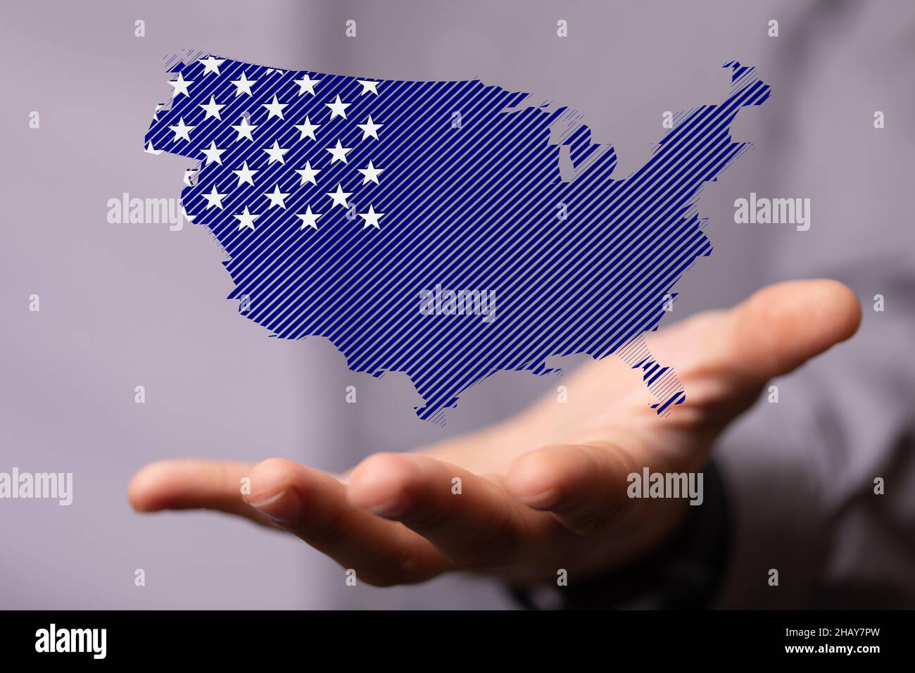 3D rendered USA map hovering on a person's hand Stock Photo - Alamy