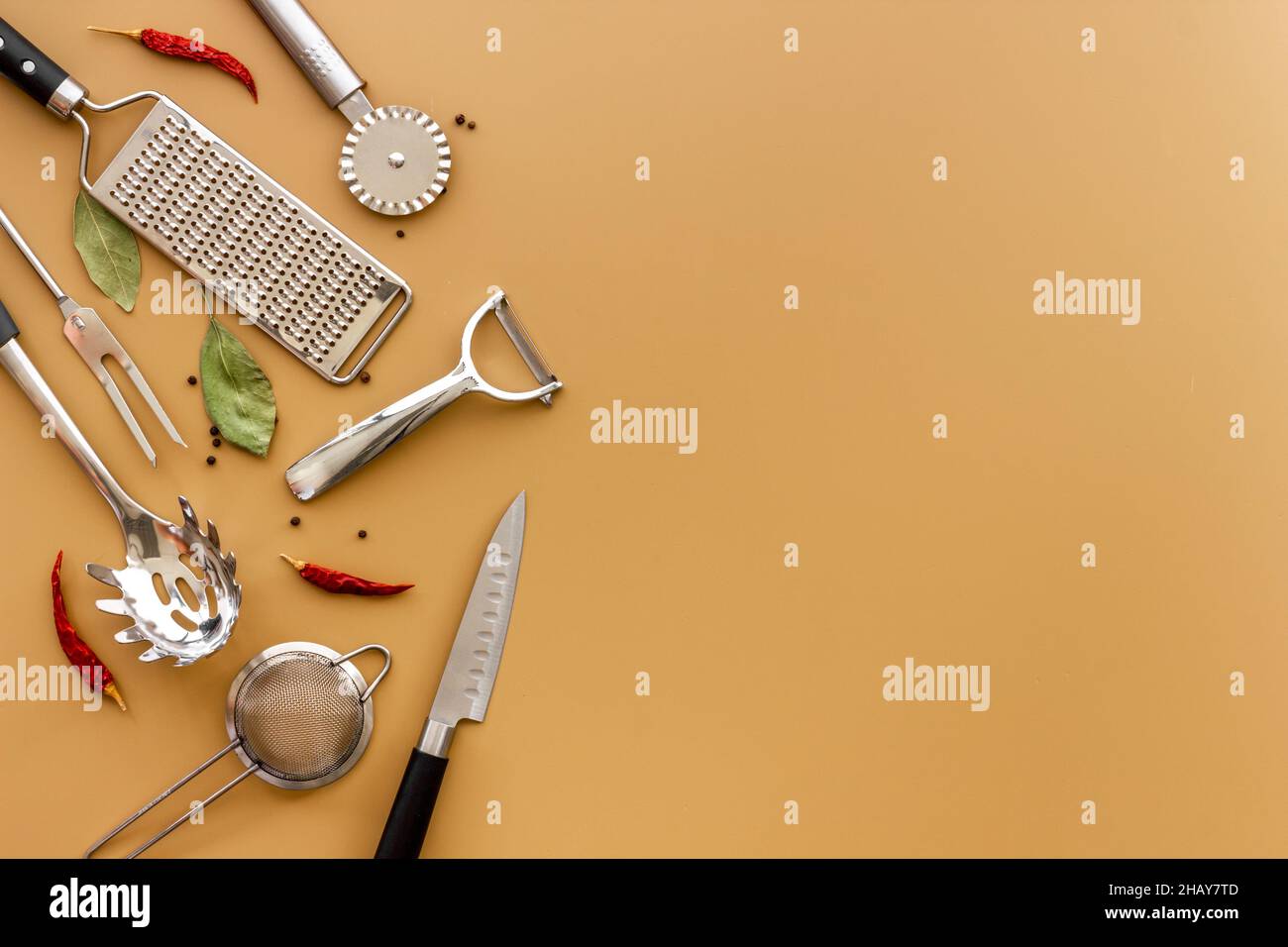 Set of stainless utensils cookware and tools, flat lay Stock Photo - Alamy