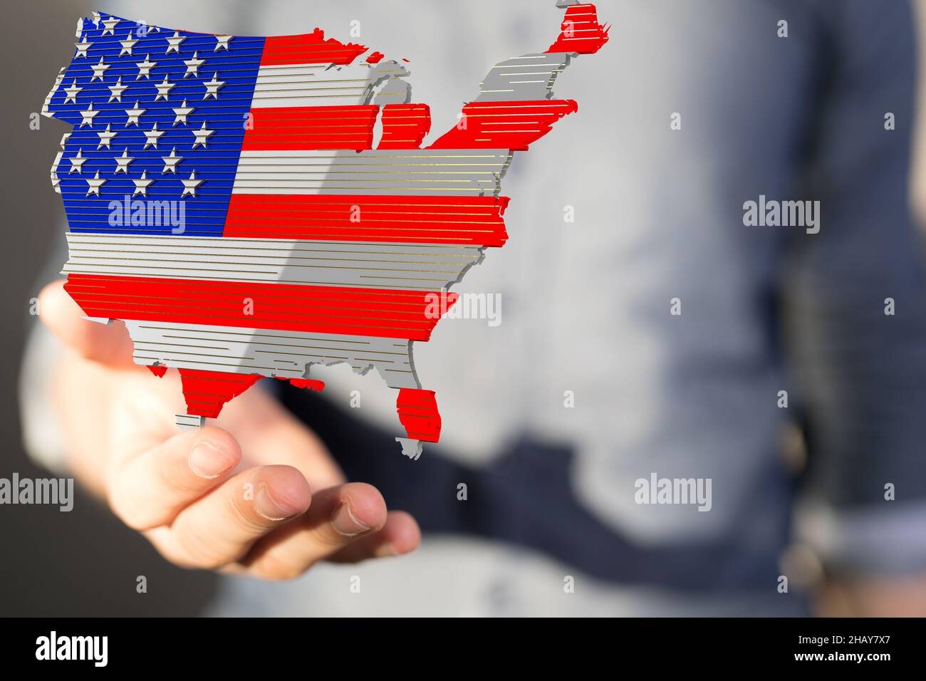 3D rendered USA map hovering on a person's hand Stock Photo - Alamy