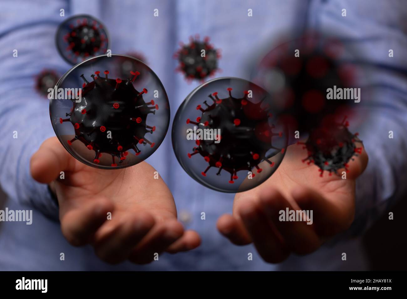 3D rendered microbes hovering on a person's hand Stock Photo - Alamy
