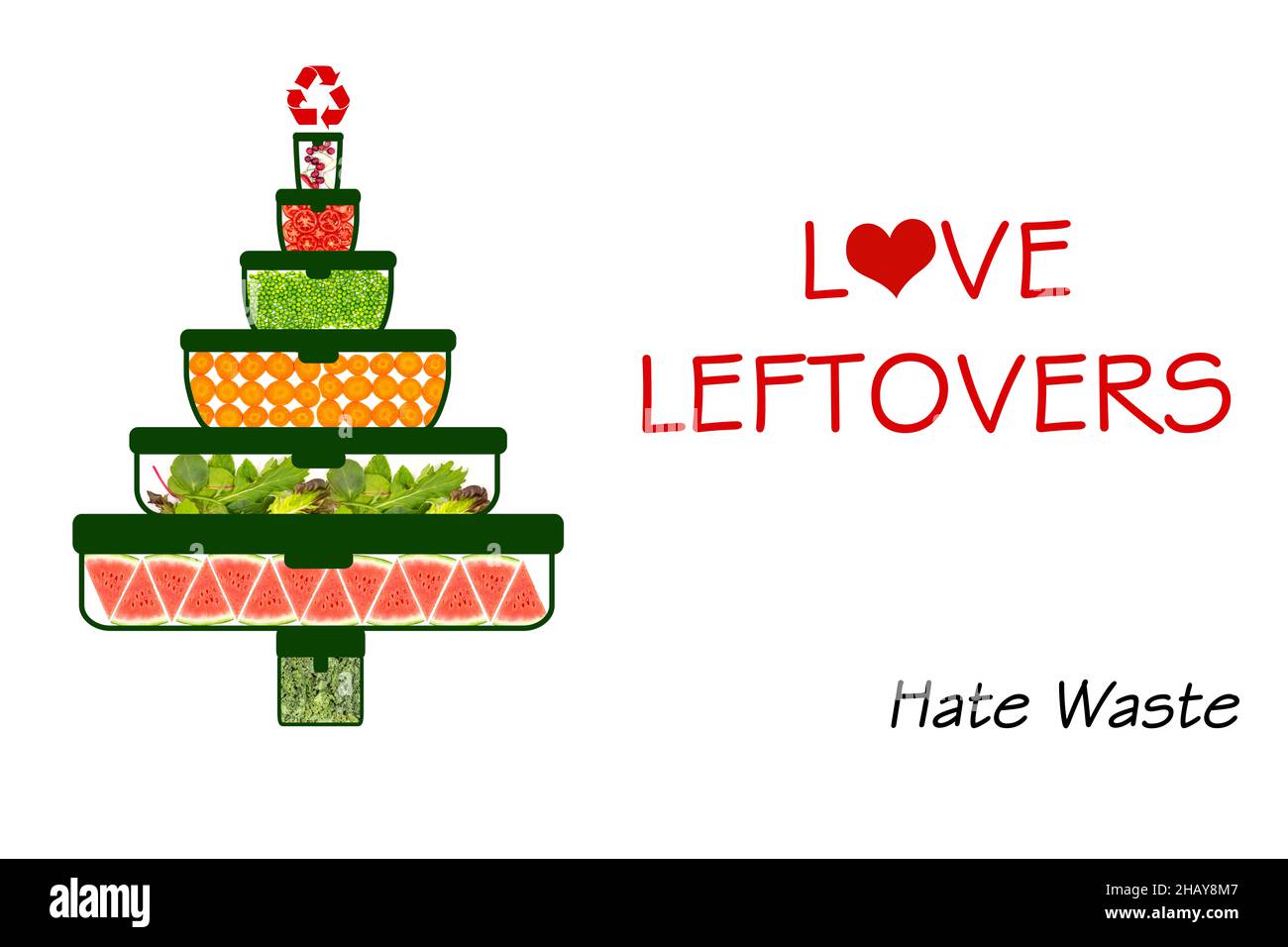 love leftovers hate waste text, food in tree shape storage containers ...
