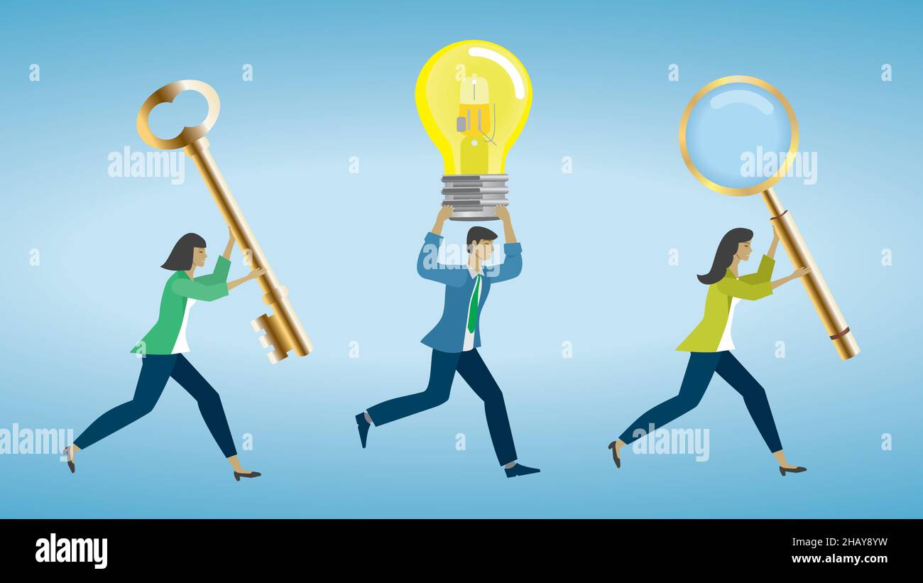 Businesspeople running with solution objects. Vector illustration ...