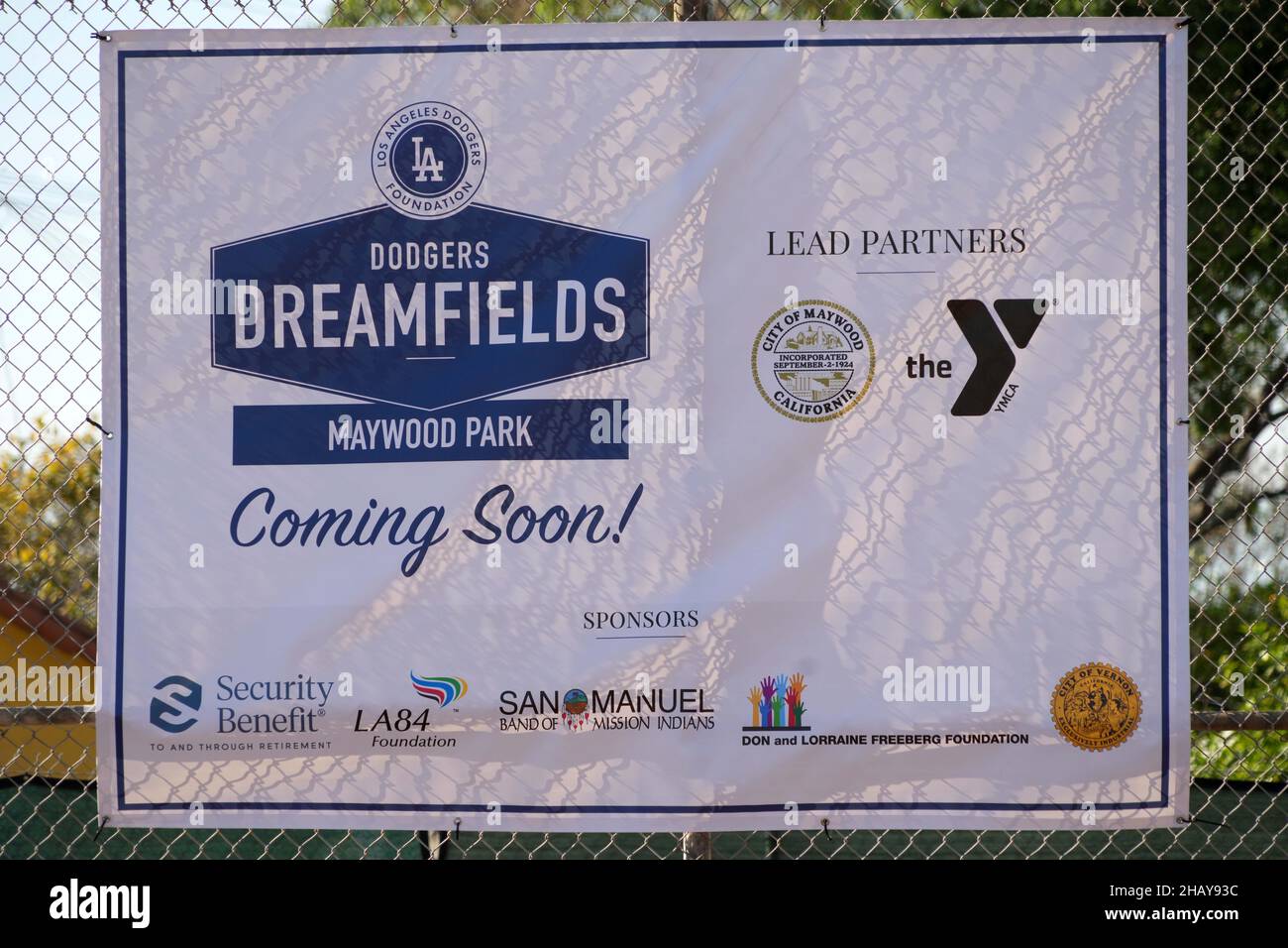 A sign at the Dodgers Dreamfield groundbreaking ceremony at Maywood ...