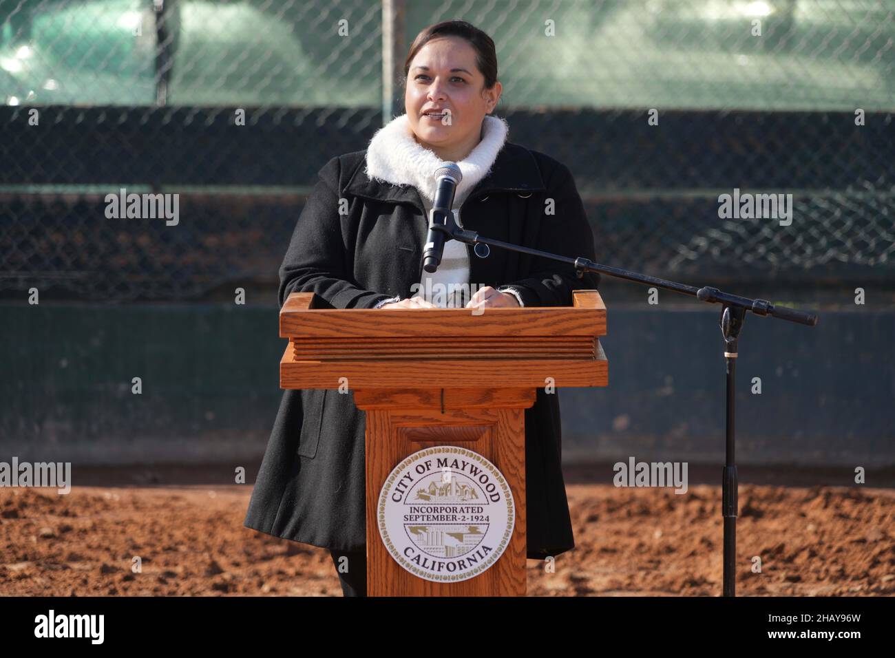 Vernon mayor Melissa Ybarra speaks during a Dodgers Dreamfield ...