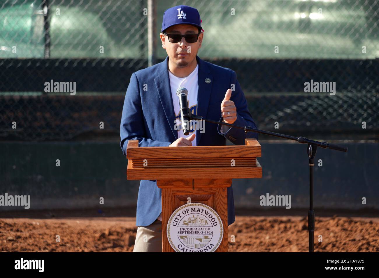Maywood mayor Ricardo Lara speaks during a Dodgers Dreamfield ...