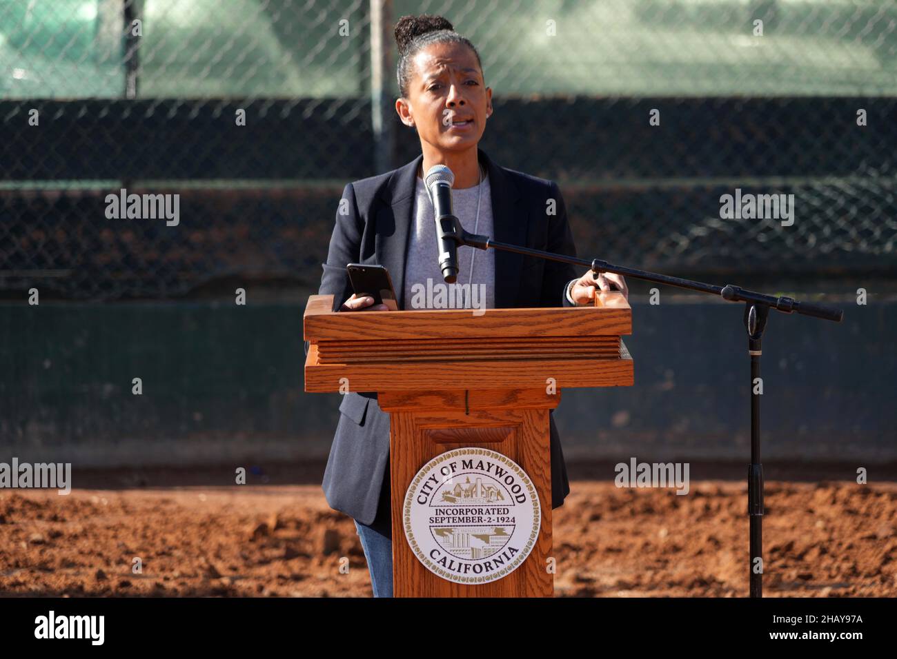 LA84 Foundation president Renata Simril speaks during a Dodgers ...