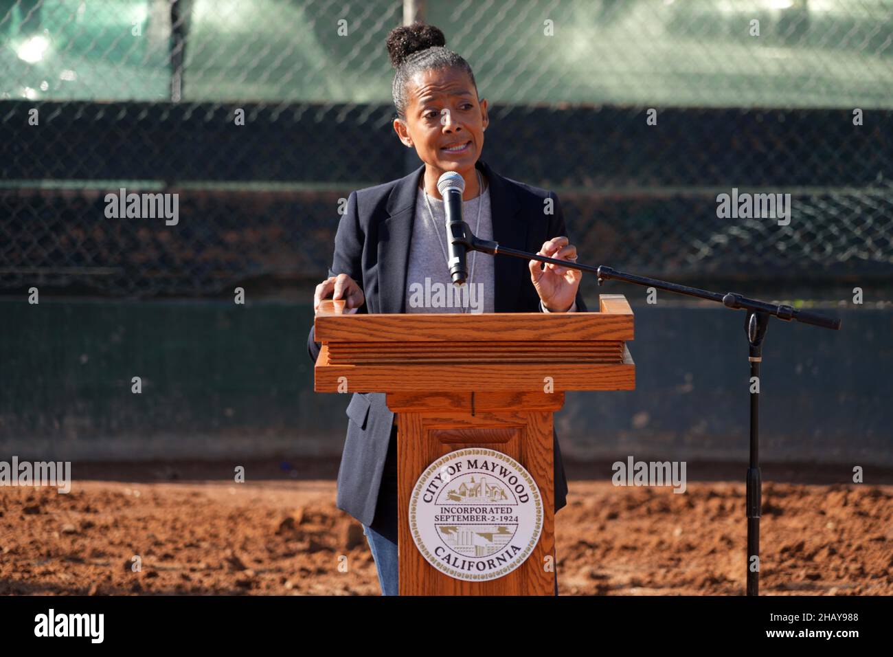 LA84 Foundation president Renata Simril speaks during a Dodgers ...