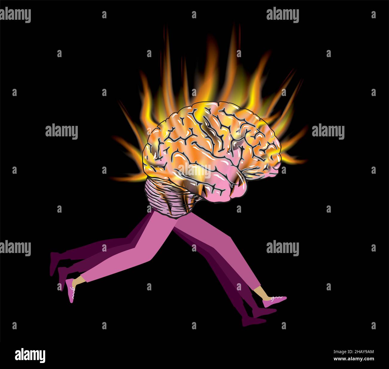 Running burning brain. Stress and burnout. Vector illustration. EPS10 ...