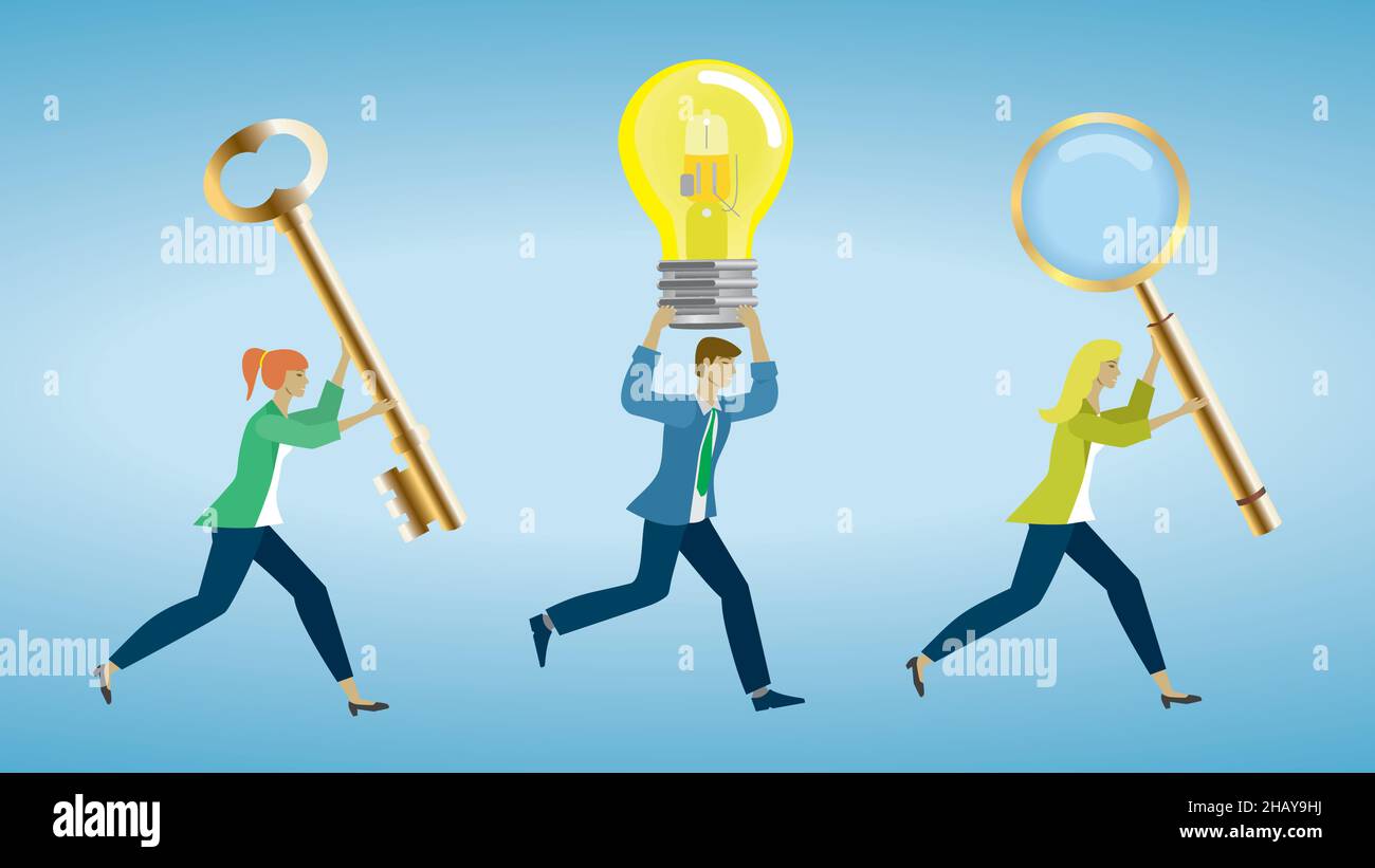 Businesspeople running with solution and idea objects. Vector ...