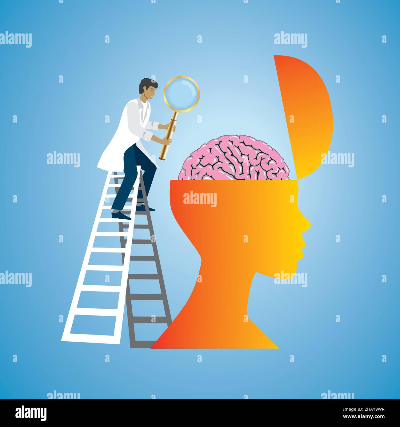 Focus on brain. Man on ladder examine the brain with golden magnifying ...