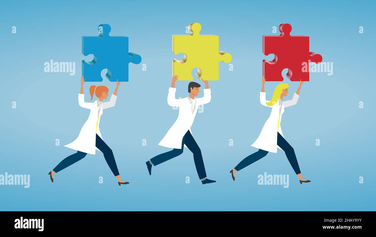 Scientists or health care people running with puzzle pieces. Vector ...