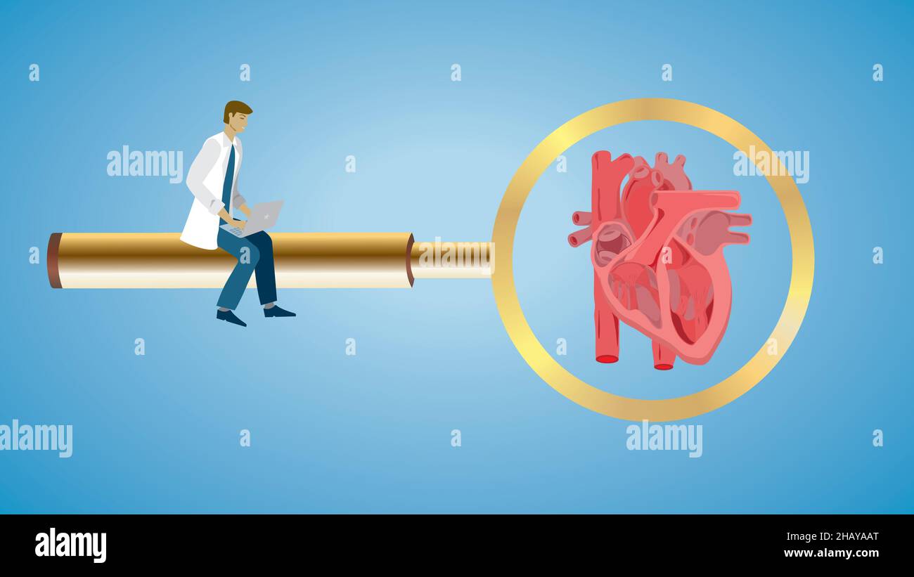 Focus on heart. Man with laptop sitting on golden magnifying glass ...