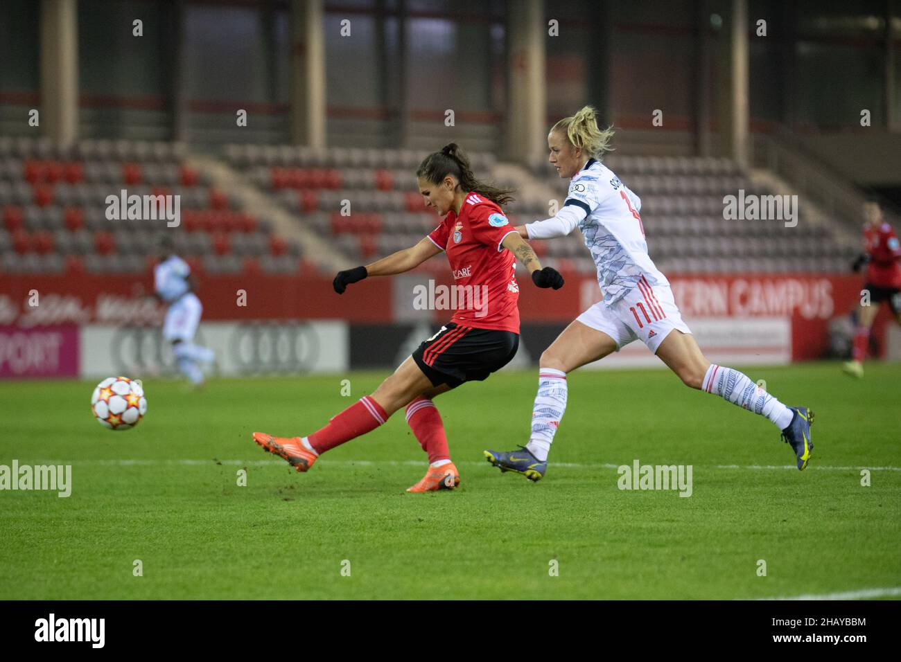 Ana Seica (3 Benfica Lissabon) and Lea Schueller (11 FC Bayern Muenchen) during the UEFA Womens ...