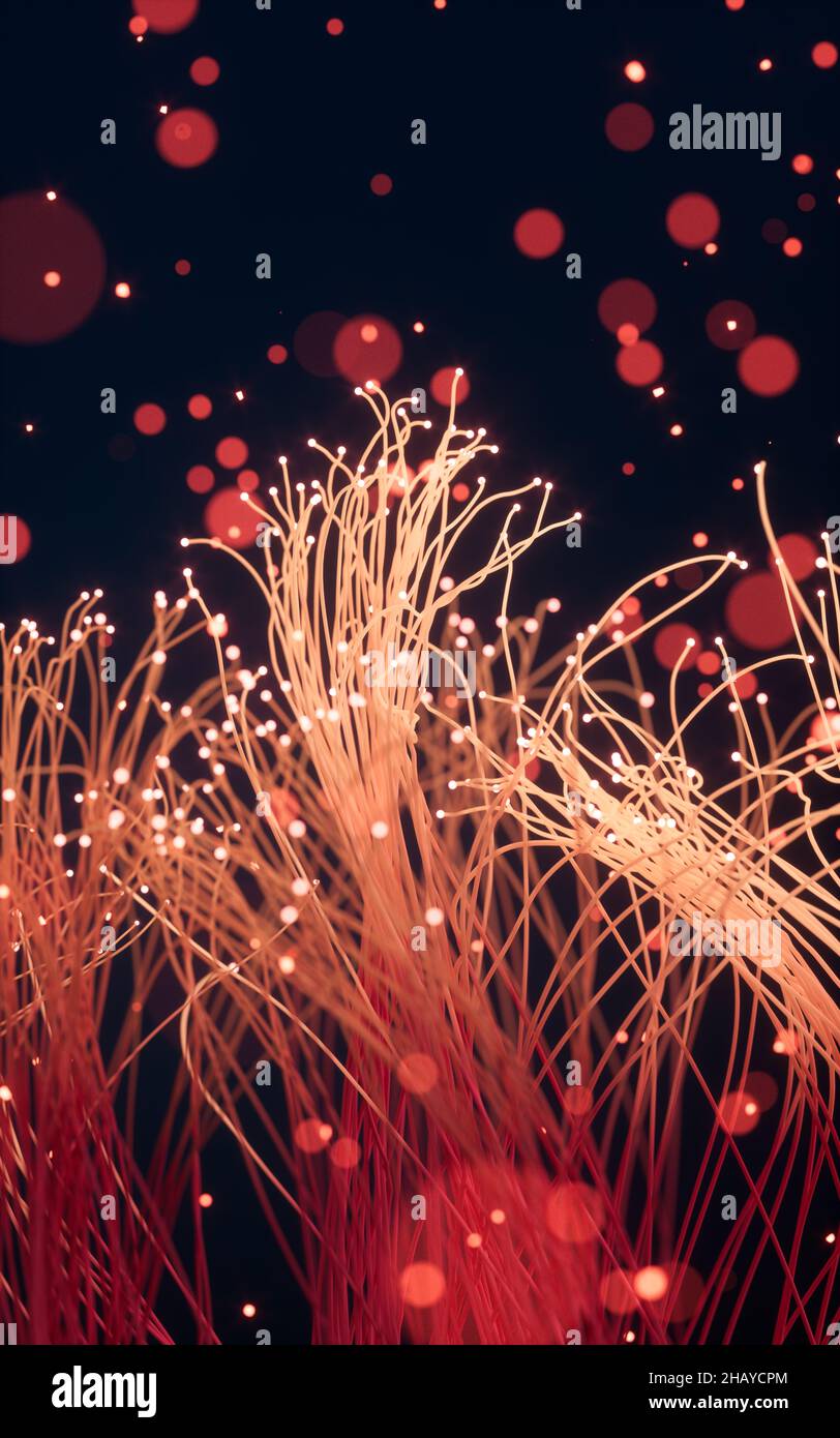 Glowing particles and lines with black background, 3d rendering ...