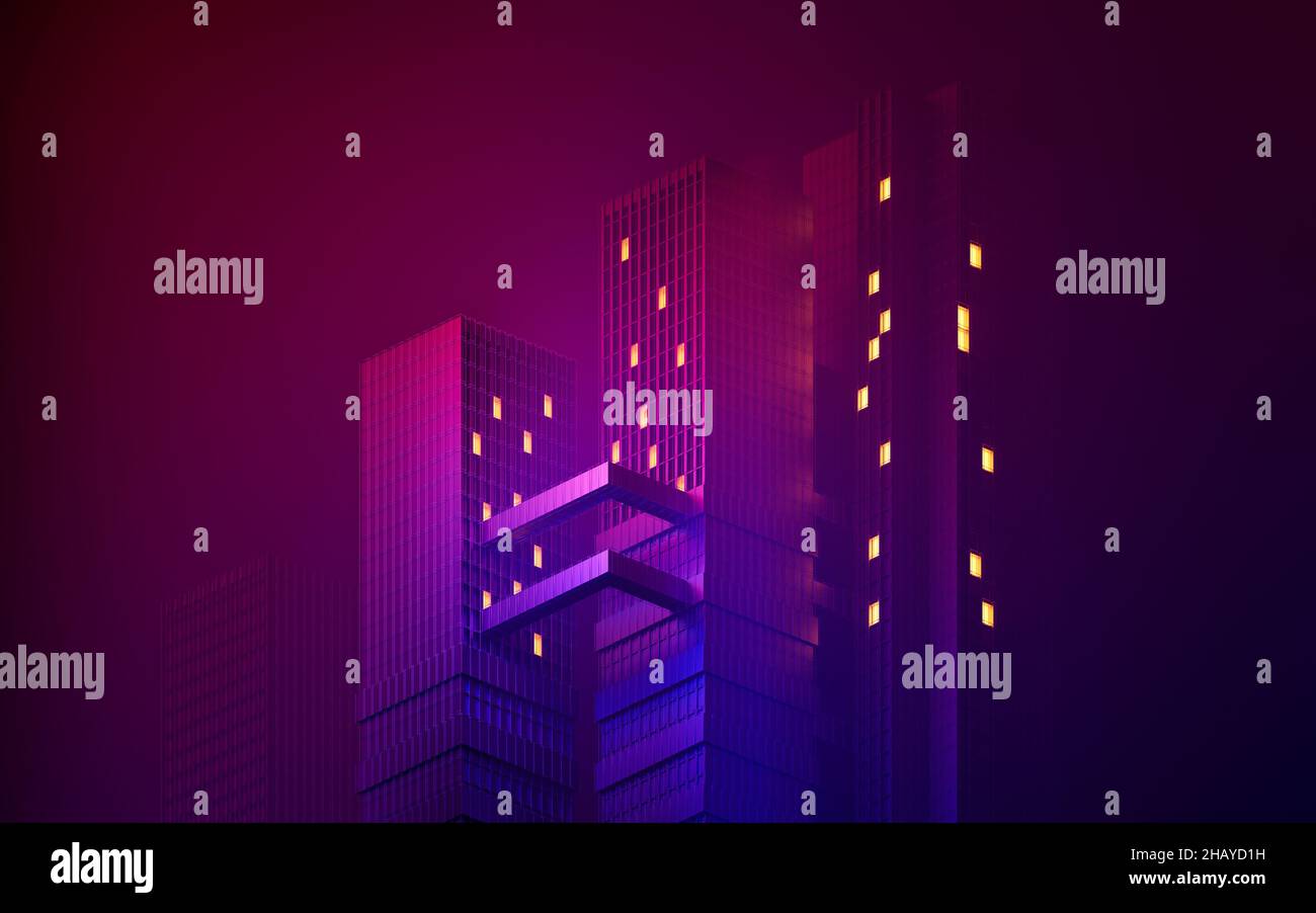 Urban building at night, modular building,3d rendering. Computer ...