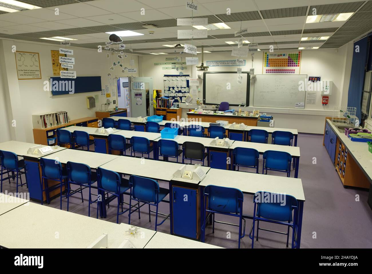 Science lab with colorful shelves and equipment for chemical and ...
