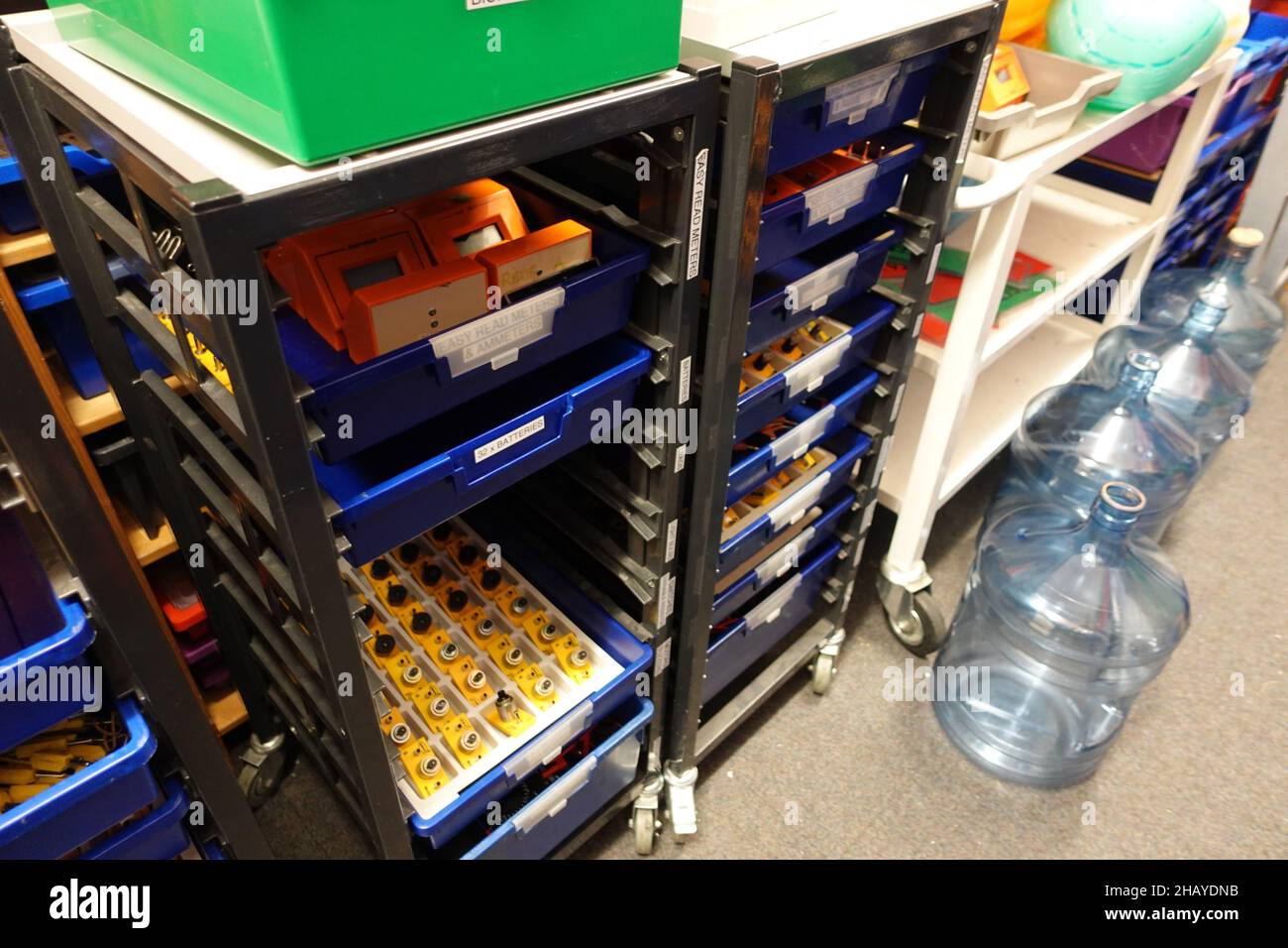 Science lab with colorful shelves and equipment for chemical and ...
